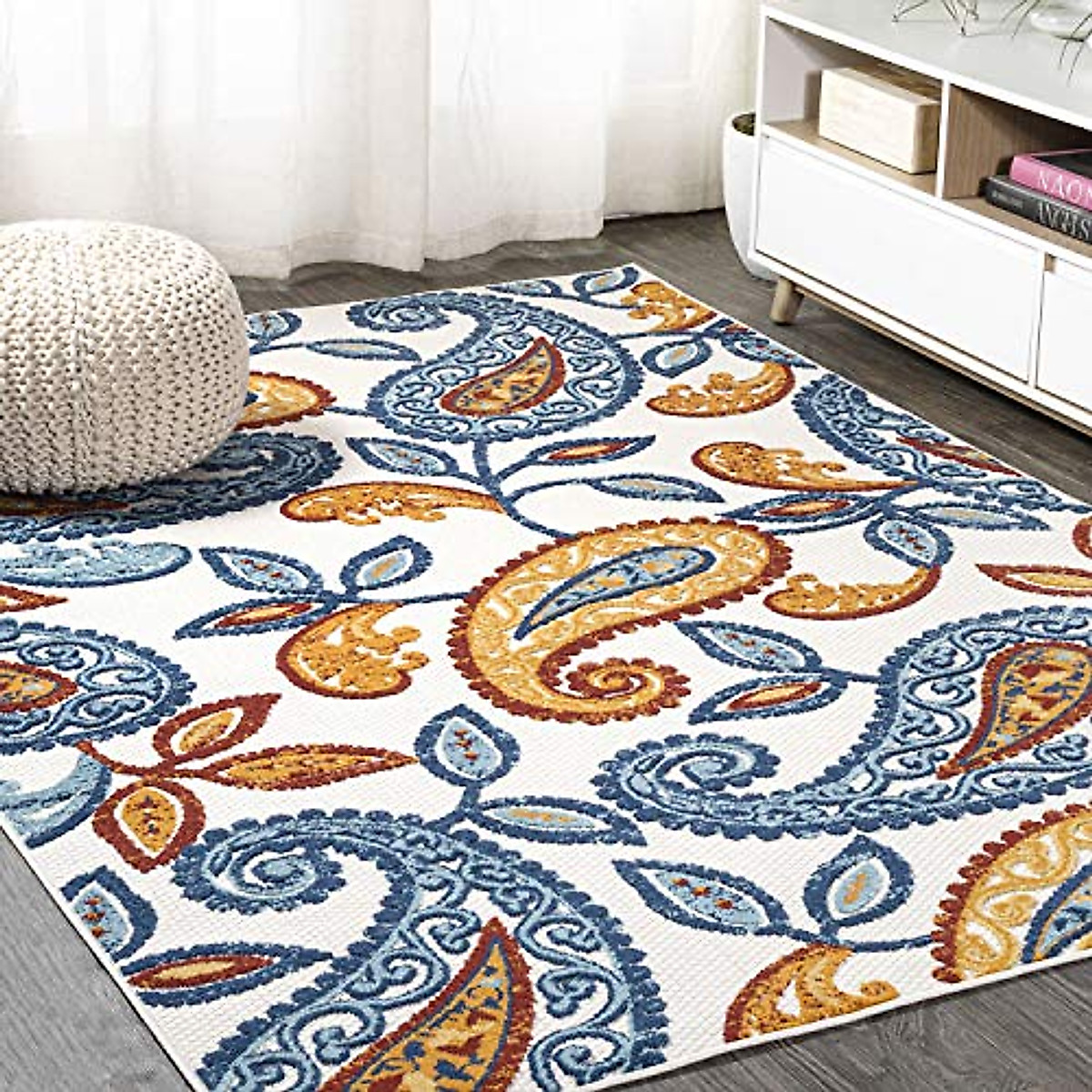 JONATHAN Y AMC102B-5 Julien Paisley High-Low Indoor Outdoor Area-Rug Bohemian Floral Easy-Cleaning High Traffic Bedroom Kitchen Backyard Patio Porch Non Shedding, 5 X 8, Orange/Blue