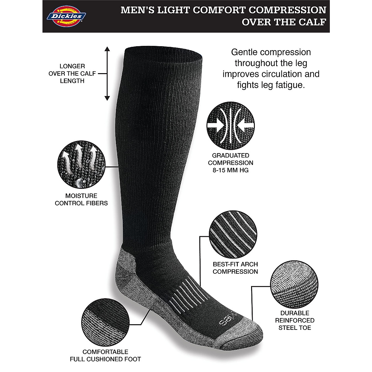 Dickies Men's Light Compression Comfort Over-The-Calf Socks, Available in M-XXL (2, 4 Pairs), Large