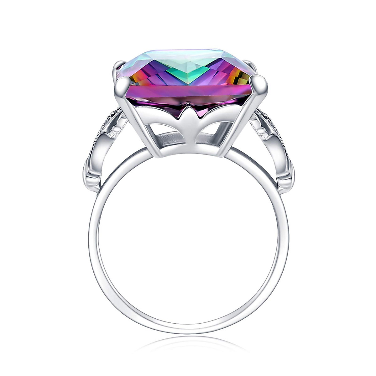 SZJINAO Vintage Silver 925 Rings for Women Mystic Fire Rainbow Topaz Huge Square Stone Ring Wife Lady Mom Birthday Gift Silver Jewelry