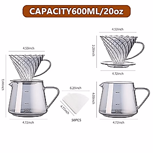 Bincoo Glass Coffee Server Set 600ml- Glass Pour Over Coffee Maker Set with Dripper, V60 Coffee Pot with 50 Count Paper Filter for Home and Office (Dark Gray)