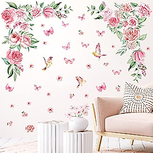 Large Peony Flower Wall Stickers Watercolor Floral Wall Decals Peel and Stick Hanging Vine Pink Flower Wall Decals Butterflies Green Leaves Wall Stickers for Girls Bedroom Kids Baby Room Nursery Decor