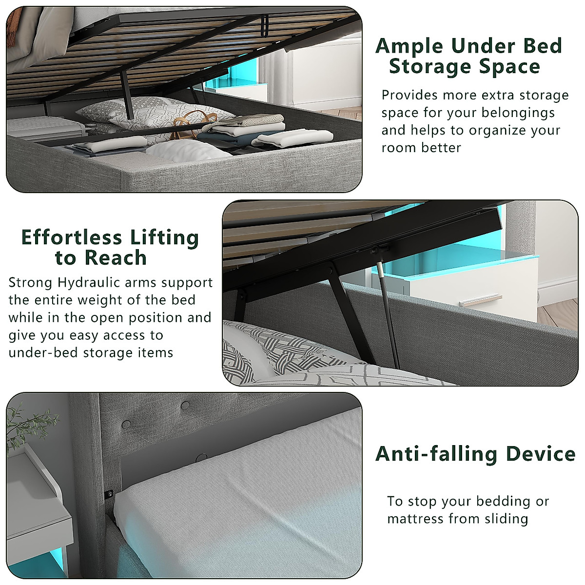 Loomie Full Lift Up Bed Frame with Charging Station & LED Lights, Upholstered Bed with Button Tufted Wingback Storage Headboard, Hydraulic Storage, No Box Spring Needed, Wood Slats Support,Light Grey