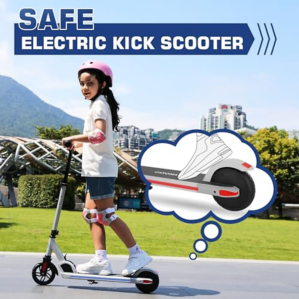 Caroma Electric Scooter for Kids Ages 8-12, Max 7 Miles Range and 10 Mph Max Speed, Colorful Rainbow Light, UL2272 Certification, Lightweight Electric Kick Scooter for Kids Boy Girl (Silver)
