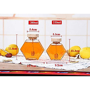 1PC 220ml Clear Glass Refillable Hexagon Shape Honey Pot Jar with Wooden Dipper Sticks and Lid Syrup Dispenser Container Empty Bottle Food Storage for Home Kitchen