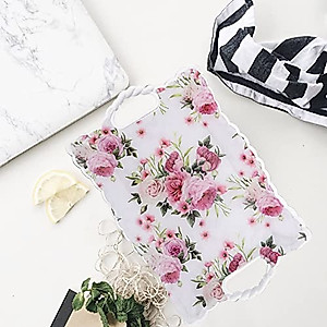 Cabilock Square Food Tray with Handle Floral Pattern Fruit Plate Snack Dessert Tray Pastry Plate Spill Proof Plastic Serving Tray Food Veggie Fruit Coffee Organizer Tray for Kitchen Bathroom Home