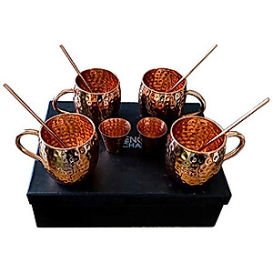 SciencePurchase Set of 4 Pure Copper Moscow Mule Mugs Gift Set with 4 Copper Cocktail Straws and 2 Shot Glasses, Each Hammered Mug Holds 18 Ounces