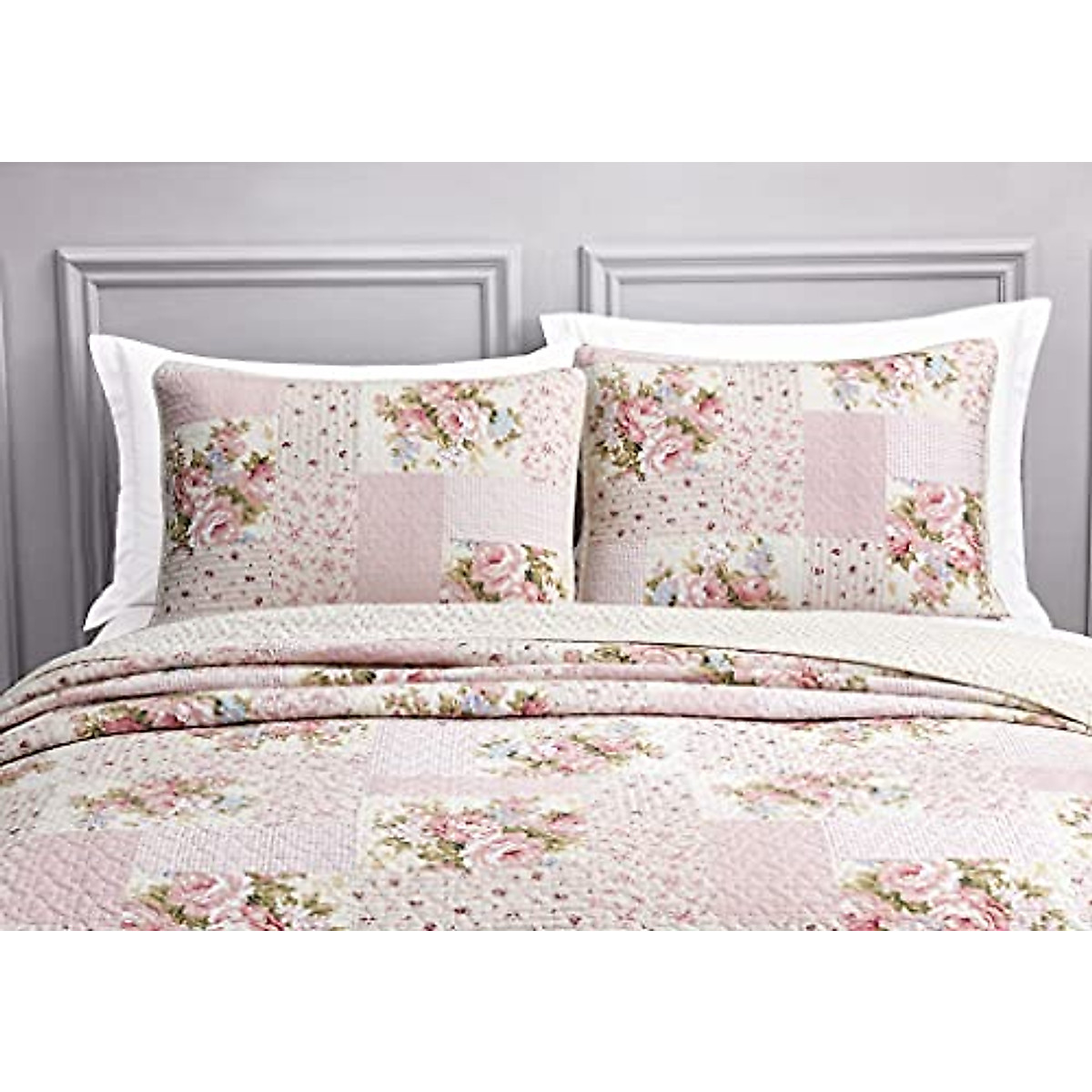 Chezmoi Collection Rosy 3-Piece Printed Patchwork Cotton Quilt Set - Pink Flower Floral Striped Polka Dots - Stone Washed Lightweight Bedspread, Queen Size