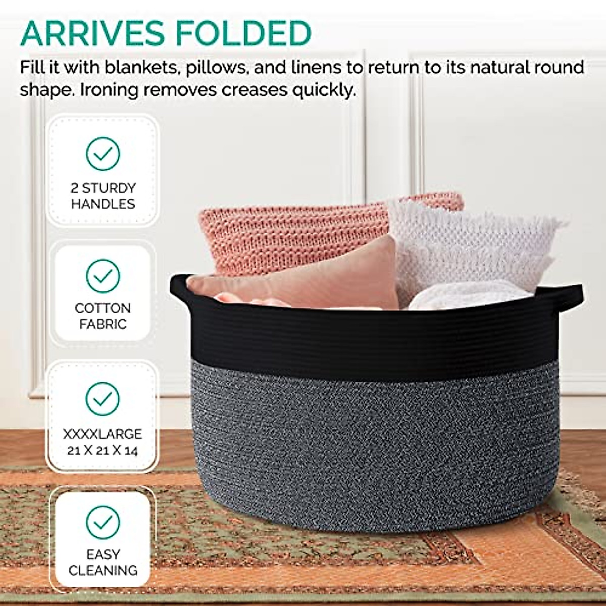Organizix XXXXL Large Round Cotton Rope Storage Basket Bin Organizer Laundry Hamper with Handles, 21 x 21 x 14, Extra Large Blanket Woven Toy Basket, Black/Black