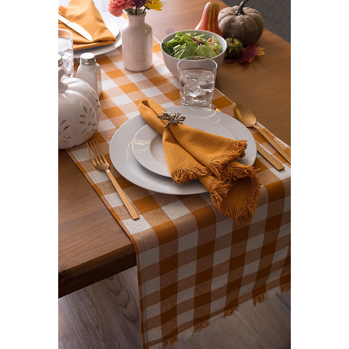 DII Heavyweight Fringed Check Tabletop Collection, Table Runner, 14x108, Pumpkin Spice