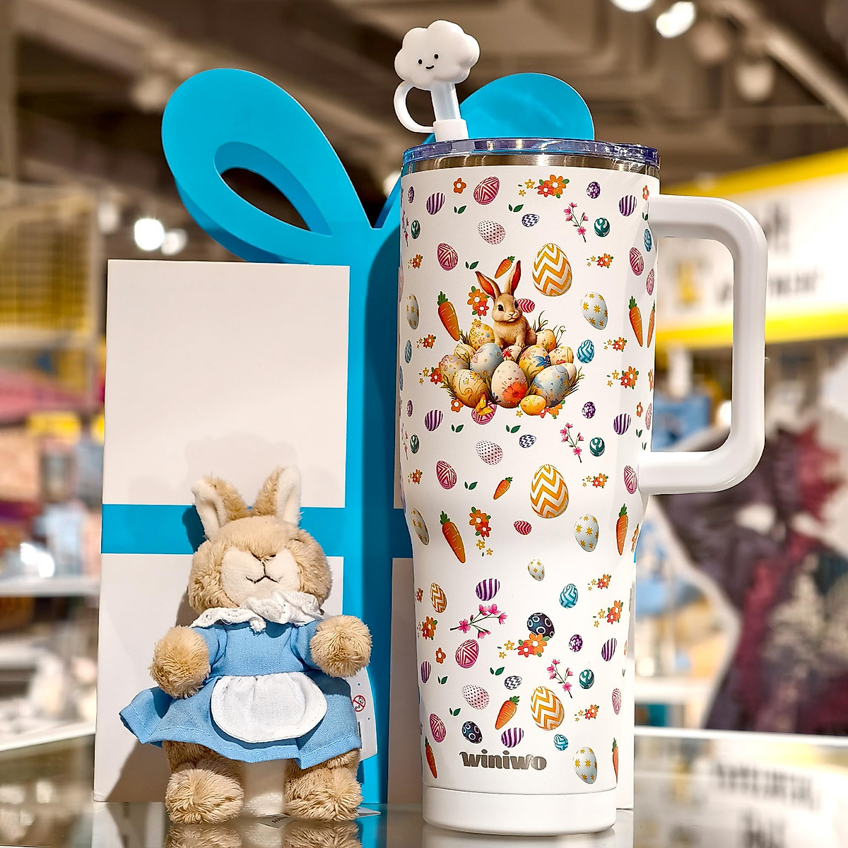 winiwo 40 oz Easter Tumbler with Handle and Straw, Easter Gifts for Kids, Rabbits Lover, Bunny Insulated Tumbler for Hiding Candy Chocolate Eggs, Stainless Steel, Available Gift Wrapping (White)