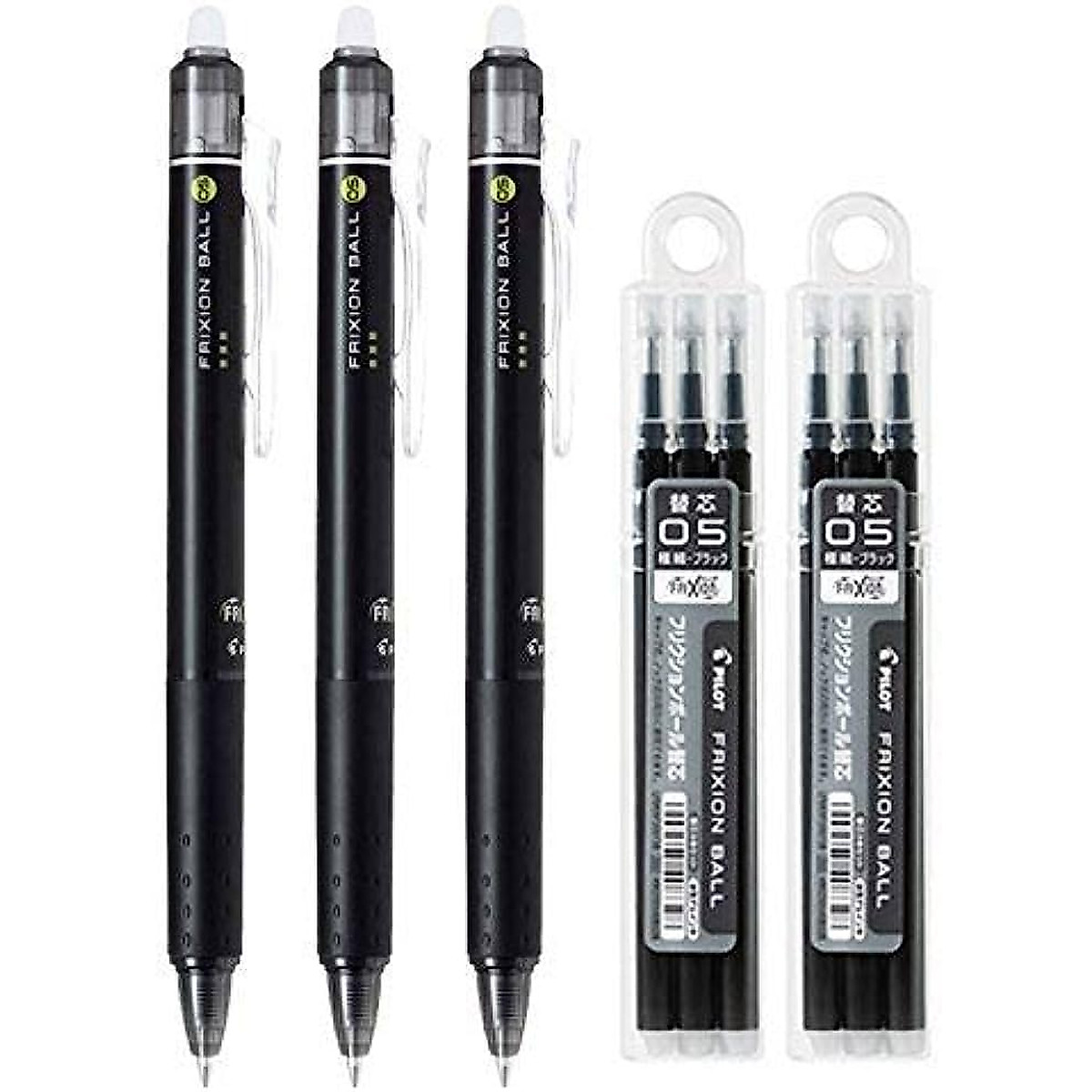 Pilot FriXion Ball Knock Retractable Erasable Gel Ink Pens, Extra Fine Point 0.5mm, Black Ink, 3 Pens & 6 Refills Value Set