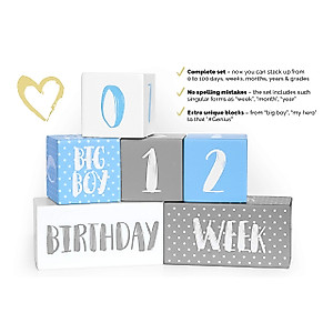 Premium Baby Boy Monthly Milestone Age Photo Blocks | Wooden Double Set for Week, Month, Year, Pictures, All Numbers 1-100 + Quotes | Unique Baby Shower, Newborn Gift, Infant Photo Sharing Prop