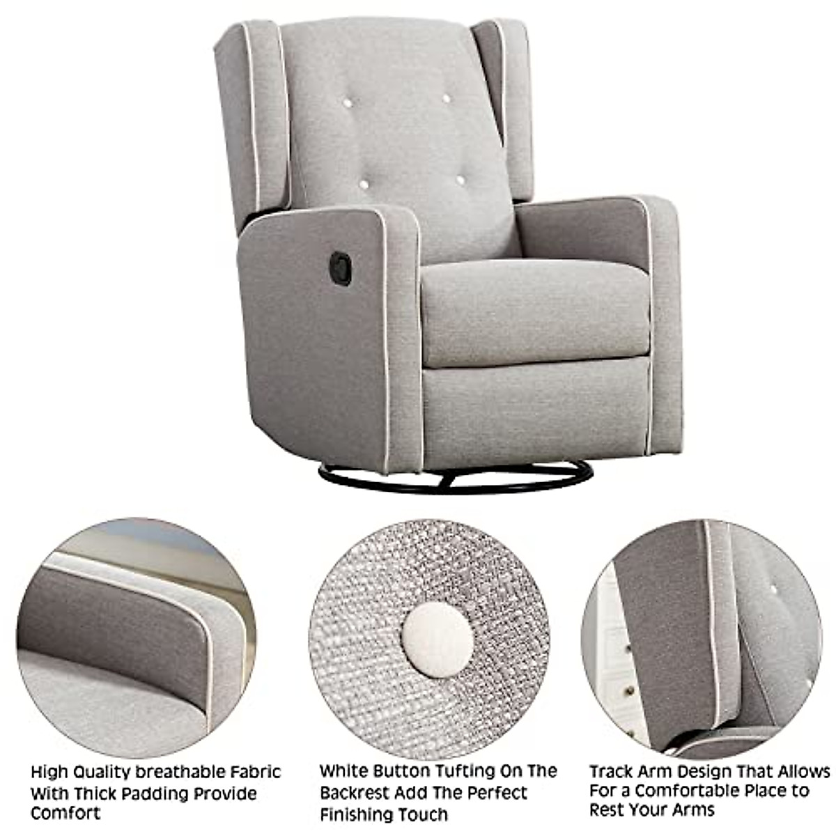 CANMOV Swivel Rocker Recliner Chair, Rocking Chair Nursery Glider Recliner, Manual Glider Chair for Nursery (Gray)