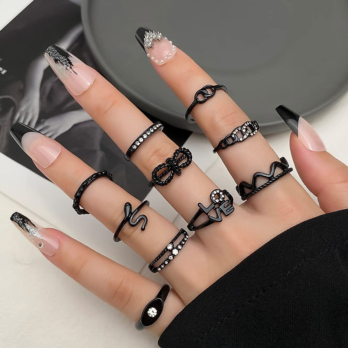 KISS WIFE Gold Knuckle Rings Set for Women, Dainty Simple Trendy Cute Stackable Finger Rings Pack, Stacking Layering on Thumb and Knuckle, Mixed Size (Black)