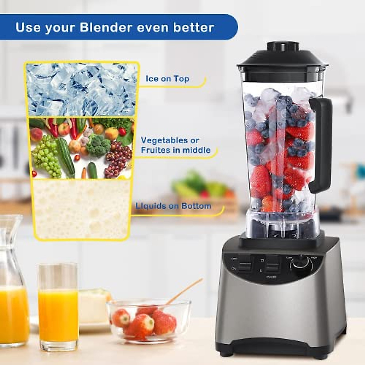 Blender 2000W, Professional Countertop Blenders for Kitchen with High Speed, Blender for Shakes and Smoothies, 68 Oz Large Tritan Jar, 6 Blades, 2 Speeds & Pulse Function for Frozen Drinks