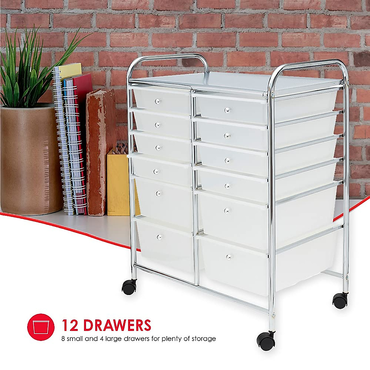 Home Basics 12 Drawer Storage Cart | White | Great for Office | Portable with Multi Size Drawers | Organize Crafts | Castor Wheels