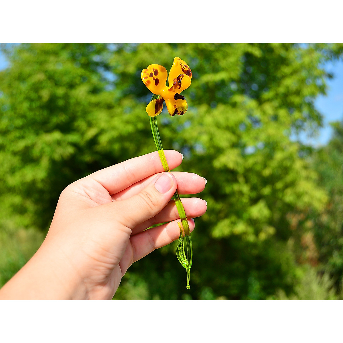 Yellow Glass Flower Figurine Blown Flower Sculpture Art Glass Flower Murano Long Stem Flower Garden Ornaments Decoration Collectible Glass