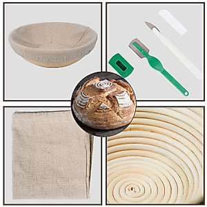 Banneton Bread Basket – Sourdough Proofing Set – Bread Bowl & Linen Liner Cloth + Lames – Rattan Basket No Smell – Bread Bag Included – 10” Brotform – for Homemade Bread