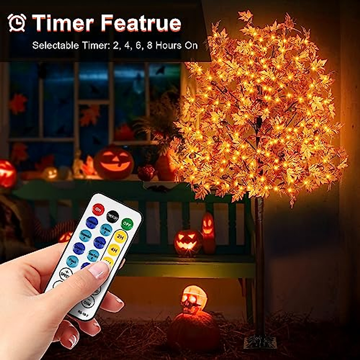 7FT 170 LED Lighted Maple Tree - Thanksgiving Decor Artificial Fall Tree with 17 Branches, 17 Acorns 340 Leaves, Remote 8 Flashing Modes, Timing, DC 5V Safe for Outdoor Wedding Party Autumn Decor…