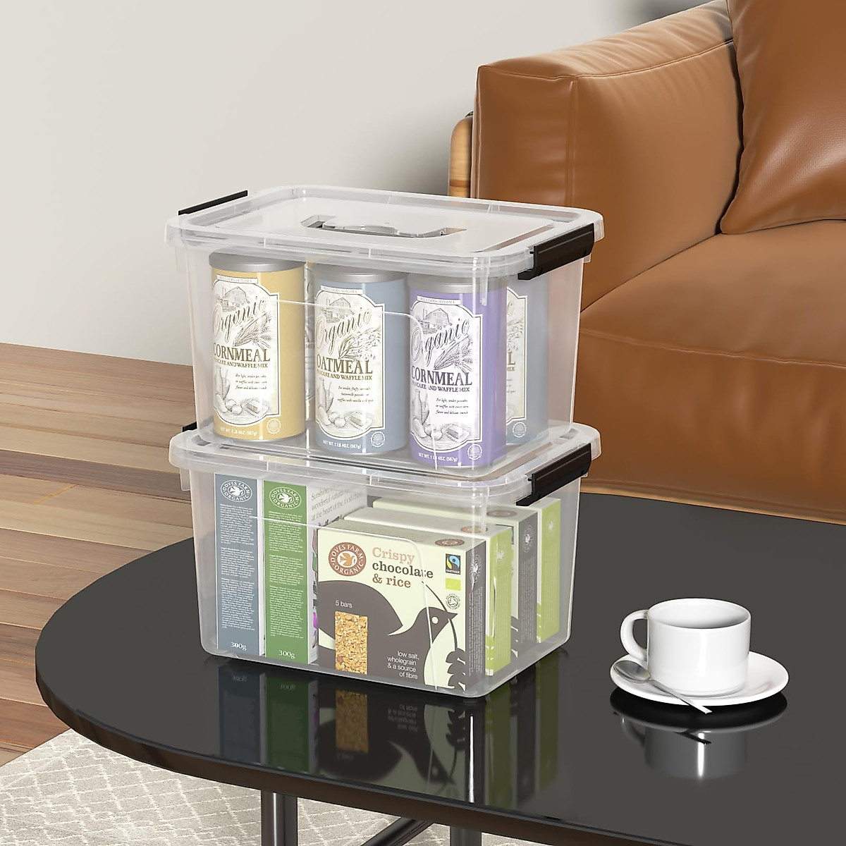 Cinkyou 5 L Clear Plastic Storage Box with Handle and Lid, Plastic Latching Container Bins, 4 Pack
