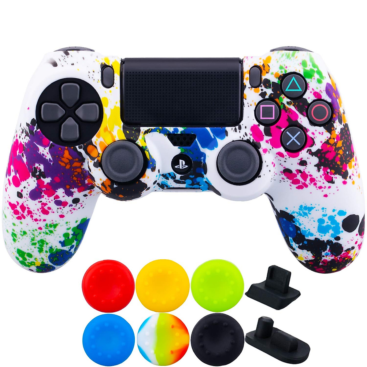 9CDeer 1 Piece of SiliconeTransfer Print Protective Cover Skin + 6 Thumb Grips & Dust Proof Plugs for PS4/Slim/Pro Controller Graffiti