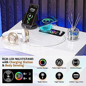 SKKTKT LED Nightstand with Charging Station, Modern White Bedside Table with Body Sensor Light, Night Stand with 2 Storage Drawers & 24 Color Changing, High Gloss End Table Bed Side Table for Bedroom