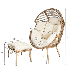 Barton 2-Pieces Stationary Wicker Egg Chair Oversized Egg Seat 350lbs Teardrop Cuddle Cocoon Chair Egg Basket Lounge Chair with Ottoman Indoor/Outdoor, Beige
