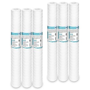 Membrane Solutions 5 Micron 2.5" OD x 20" Length Sediment Water Filter String Wound Polypropylene Cartridge for Whole House Filter Systems - 6 Pack