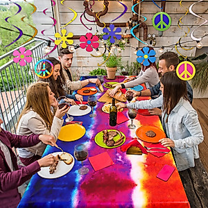 32 Pcs Tie Dye Groovy 60's Party Decorations Hippie Party Supplies Tablecloth Backdrop Include Foil Swirl Decorations Tie Dye Tablecloth and Peace Sign Hippie Backdrop Retro Party Birthday Decorations