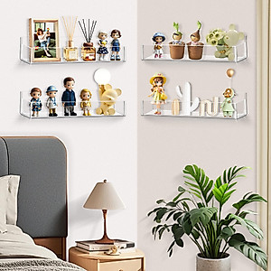 GTJ Acrylic Shelves, 4-Pack Spice Rack Wall Mount, Clear Book Shelves for Wall, Spice Organization, Vinyl Wall Mount, Cabinet, Pantry Door, Kitchen, Bedroom, Self-Adhesive and Drilling