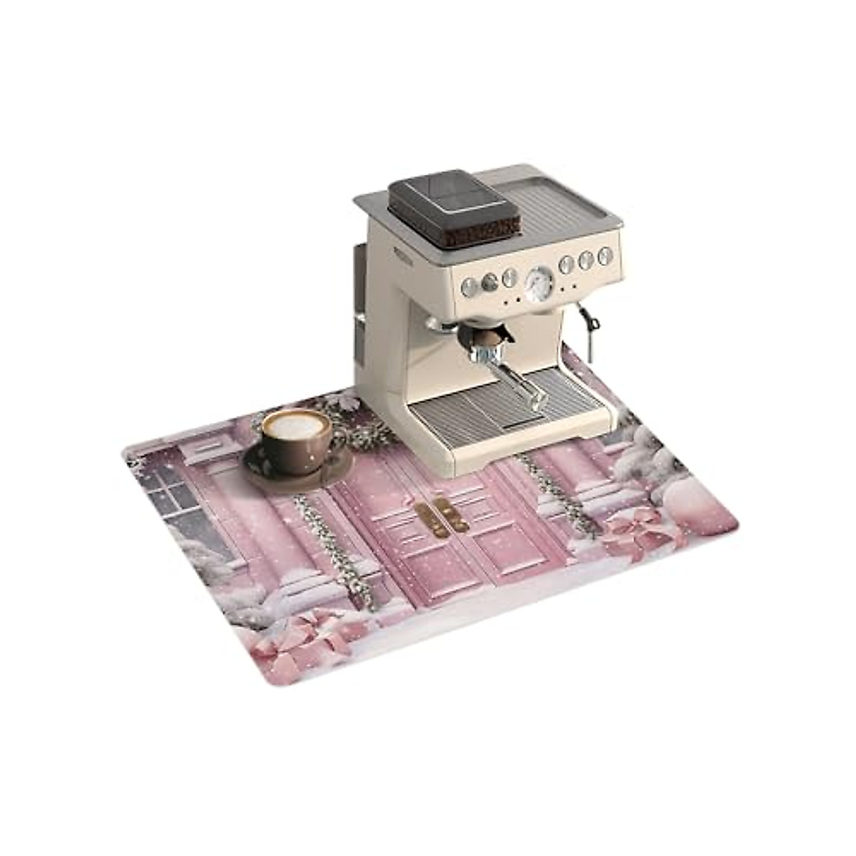Coffee Mat for Counter, Christmas Pink Castle Gate Xmas Wreath Absorbent Hide Stain Coffee Bar Mat, Non-slip Coffee Bar Accessories Kitchen Drying Mat Fit Under Coffee Maker Espresso Machine