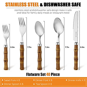 Coume 40 Pcs Bamboo Flatware Set for 8 Bamboo Utensils Bamboo Cutlery Bamboo Silverware Stainless Steel Tableware Spoons Forks Knife Set with Plastic Handle