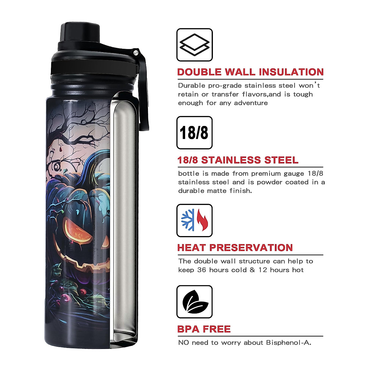 Water Bottle with Spooky Pumpkin Grimace - 24 oz Insulated Cups with Straws and 4 Lids,Halloween Tumbler Gifts for Friends Kids