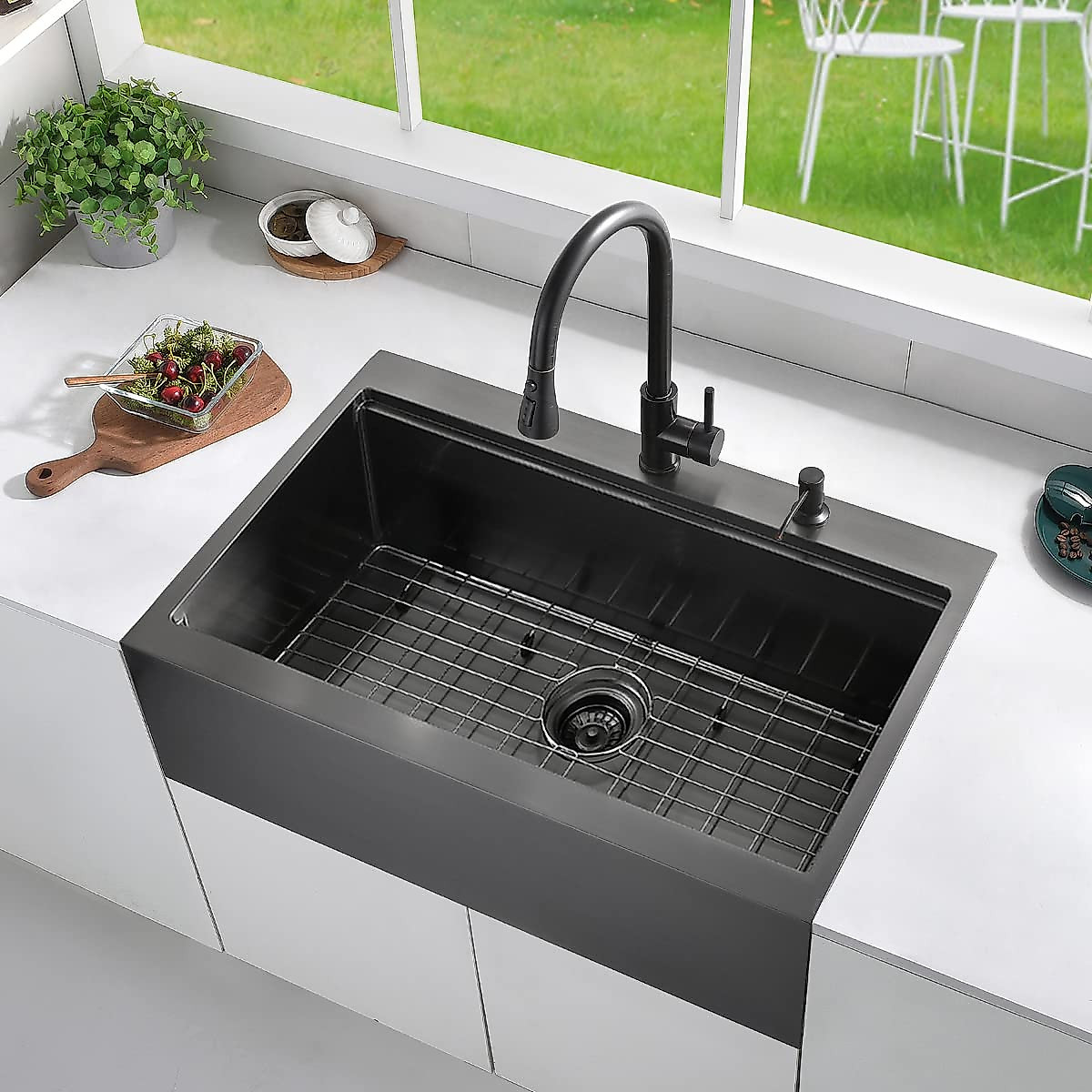 33 Inch Black Drop in Farmhouse Sink, Luckyhorse 33x22x10 Inch 16 Gauge Black Stainless Steel Topmount Workstation Apron Front Kitchen Sink with Accessories LH010S