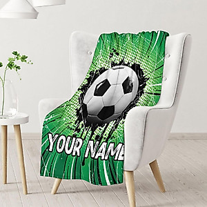 FLEXIMX Personalized Soccer Blanket Gifts for Boys Girls Soccer Team, Sports Throw Blanket for Soccer Lovers Kids Adults Teens, 50x60 Inches Green Flannel Blankets Stuff for Couch Sofa Bed