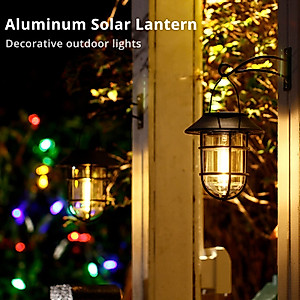 Solar Lantern Outdoor Hanging Solar Lights, Waterproof Metal Solar Outdoor Lights with Clear Glass, LED Edison Bulbs Decorative Wall Lantern with Hooks, No Wiring Required, 2 Pack