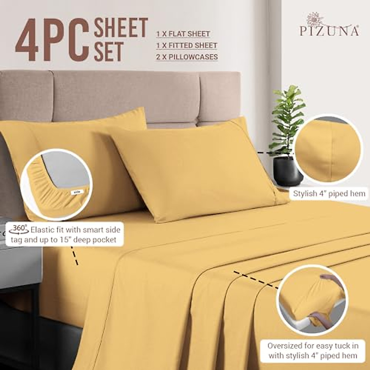 Pizuna Pure 100% Cotton Queen Bed Sheets Set Golden Yellow, Luxurious 400 Thread Count Long Staple Cotton Sateen Sheets with 15" Deep Pocket (Combed Cotton Queen Sheet Set - 4PC)