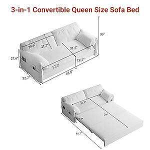 Eafurn 3 in 1 Sleeper Couch Sofa Bed,Convertible Pull Out Loveseat with Adjustable Backrest and Side Pocket,Comfy 2 Seater Love Seat Lounge Futon Sofa & Couches for Living Room Apartment Small Places