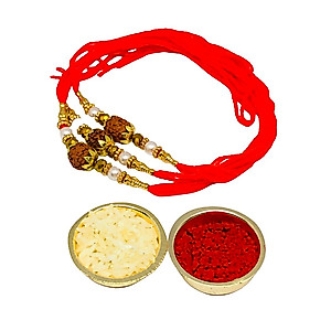 KHANDEKAR Set of 3 Pc Single Rudraksha Rakhi for Brother Bhaiya Bhabhi Traditional Handmade Premium Quality Designer Rakhi Set with Roli Chawal, Rakhi Thread Rakhdi Bracelets