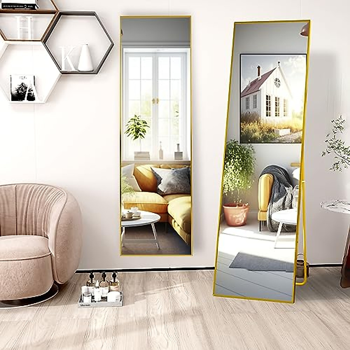 FANYUSHOW Full Length Mirror, Standing Hanging or Leaning Body Mirror, Simple Rectangle Design, Aluminum Alloy Thin Frame, Floor Mirror for Bedrooms, Bathrooms, Living Room (Gold)