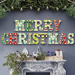 Christmas Decorations - 14 LED Letters Christmas Lights 'MERRY CHRISTMAS' for Christmas Decorations Indoor Home Decor, Surface UV Printing Snowflakes, Christmas Trees, Elk, etc, Warm White