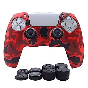 PS5 Controller Grips-Hikfly Silicone Cover for PS5 DualSense Controller Skin,Non-Slip Cover for Playstation 5 Controller- 1 x Skin with 8 x Thumb Grip Caps(Red)