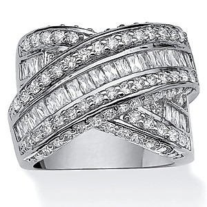 PalmBeach Platinum-Plated Baguette Cubic Zirconia Crossover Ring Sizes 6-10 Size 10