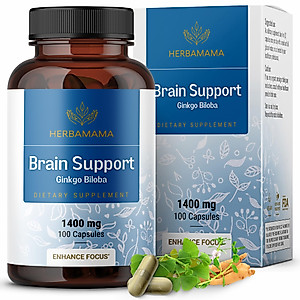 HERBAMAMA Brain Support Capsules - 1400mg Energy and Brain Support Supplement for Adults with Bacopa, Panax Ginseng and Ginkgo Biloba - Vegan, Non-GMO Focus Supplement, 100 Caps