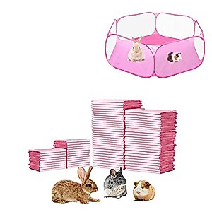 100 Pcs Rabbit Pee Pads and Small Animal Playpen, 18" x 13" Pet Toilet/Potty Training Pads, Small Animals C&C Cage Tent, Portable Yard Fence for Guinea Pig, Rabbits, Hamster, Chinchillas and Hedgehogs