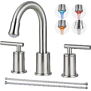 VXV LED Bathroom Faucet Brushed Nickel, 8 Inch Widespread Bathroom Sink Faucets, 2-Handle 3 Hole Bathroom Lavatory Faucet, Basin Mixer Tap Faucet, Drain Assembly Included (LED-BN)