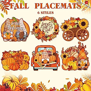 Kajaia Summer Fall Sunflower Placemats Set of 6 Gnome Sunflower Placemats 12 x 14 Inch Plastic Kitchen Placemats Truck Washable Table Mats for Summer Fall Thanksgiving Dining (Pumpkin)