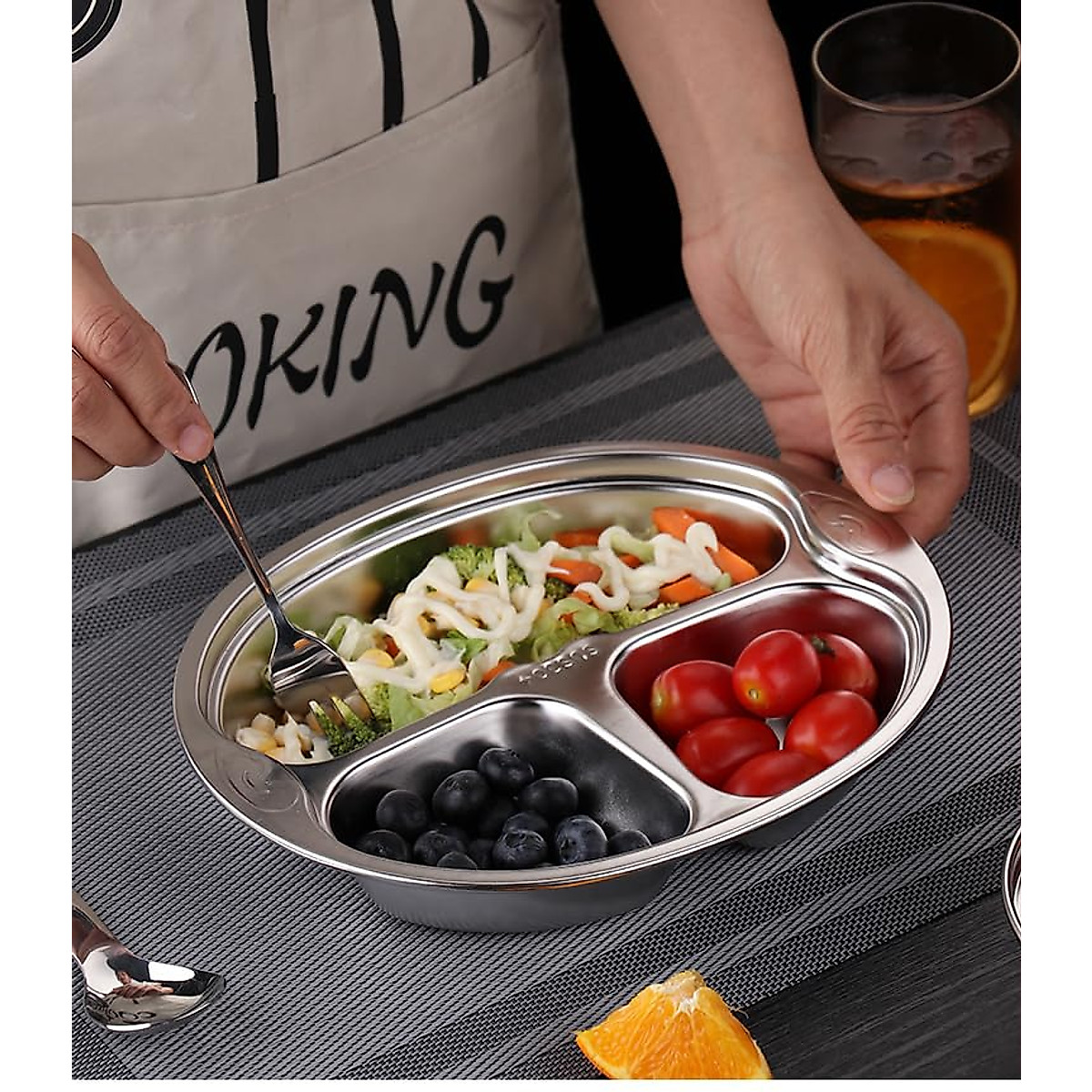 SOUJOY 4 Pack Divided Plate, Stainless Steel Diet Control Dinner Plate, 3 Sections Korean Unbreakable Monkey Shape Compact Food Serving Tray for Kids, Picky Eaters, Campers