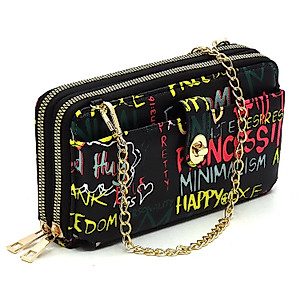 Multicolor Graffiti Printed Cell Phone Purse Wallet Smartphone Crossbody Wallet Travel Multifunction Phone Case Wristlet Clutch Wallet (#A-Black)