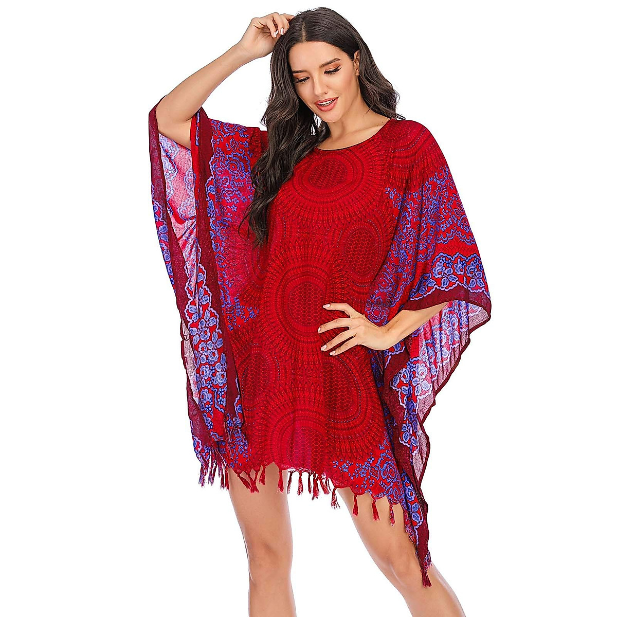 Padaleks Women's Boho Floral Silky Vintage Loose Dress Top Casual Crew Neck Baggy Kaftan Dresses Beach Cover up